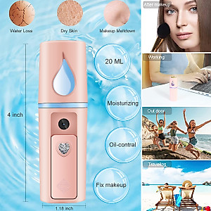 Nano Facial Mister Portable Mist Sprayer with Mirror Mini Cool Mist Spray for Skin Care & Facial Body Moisturized & Eyelash Extensions, USB Rechargeable (Pink)