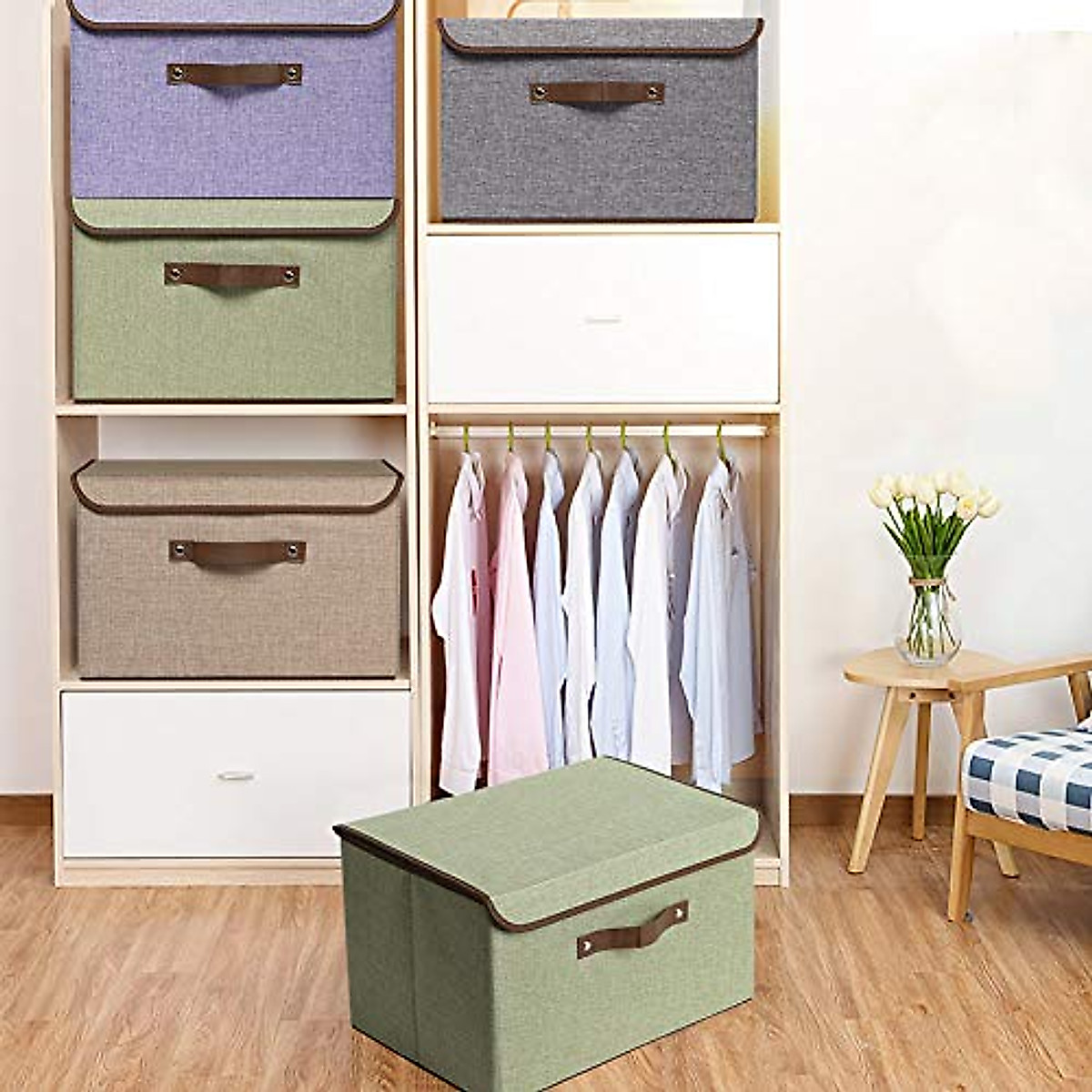 UUJOLY Large Storage Bins Linen Fabric Foldable Basket Cubes Organizer Storage Box Drawer with Lid and Handles for Home, Office, Closet, Bedroom, Nursery（(Green-2pcs)）