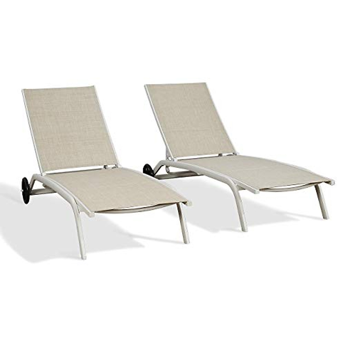 Ulax Furniture Outdoor Chaise Lounge Adjustable Padded Patio Reclining Chaise Lounger Chair with Non-Rust Aluminum Frame and Wheels, Set of 2 (Beige)