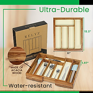 RELYZ Premium Acacia Expandable Drawer Organizer - Superior Tray with Groove Dividers for Cutlery (7 Slots, Natural)