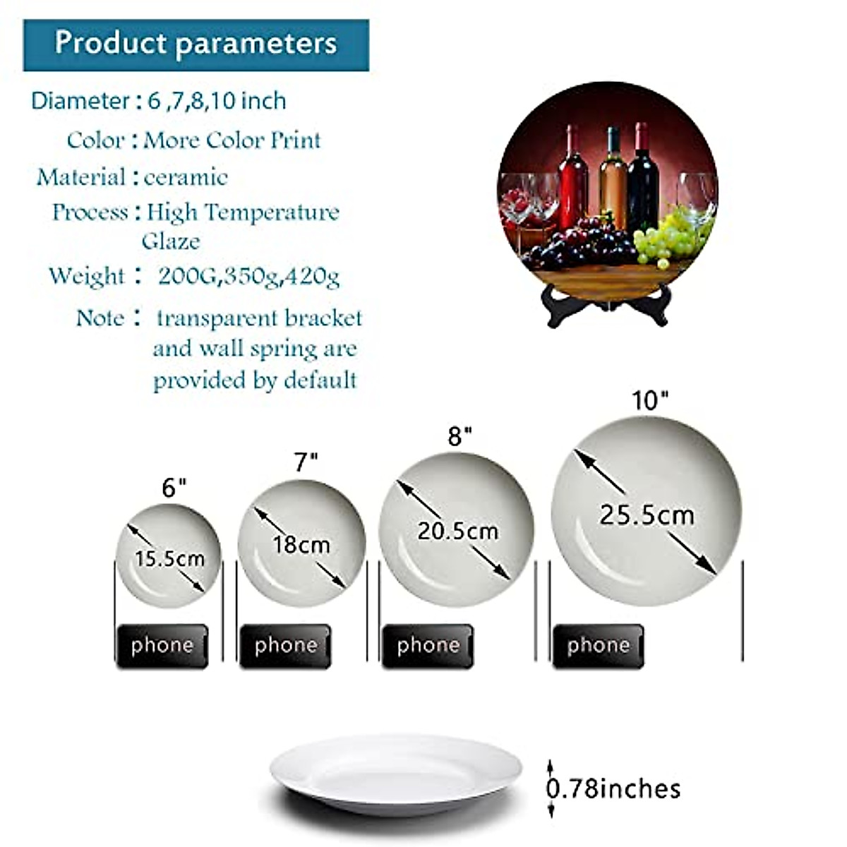 Kalen Still Life Wine Grapes Bottle Stemware Decorative Plate Wall Hanging Wedding Gifts Household for Home Decor Porcelain Plates with Display Stand 6 inches