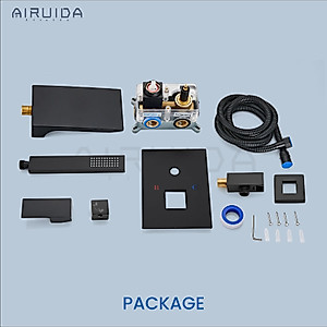 Airuida Wall Mount Tub Faucet with Waterfall Tub Spout Wall Mounted Bathtub Faucet with Handheld Shower Single Handle Tub Filler Shower Faucet Set with Rough-in valve Straight Spout Matte Black