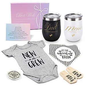 Pregnancy Gifts for First Time Moms, New Parents Gifts Mom and Dad Wine Tumbler with Lid Baby Onesie Socks Drool Bib Decision Coin, Idea for Baby Shower, Gender Reveal(Est 2023)