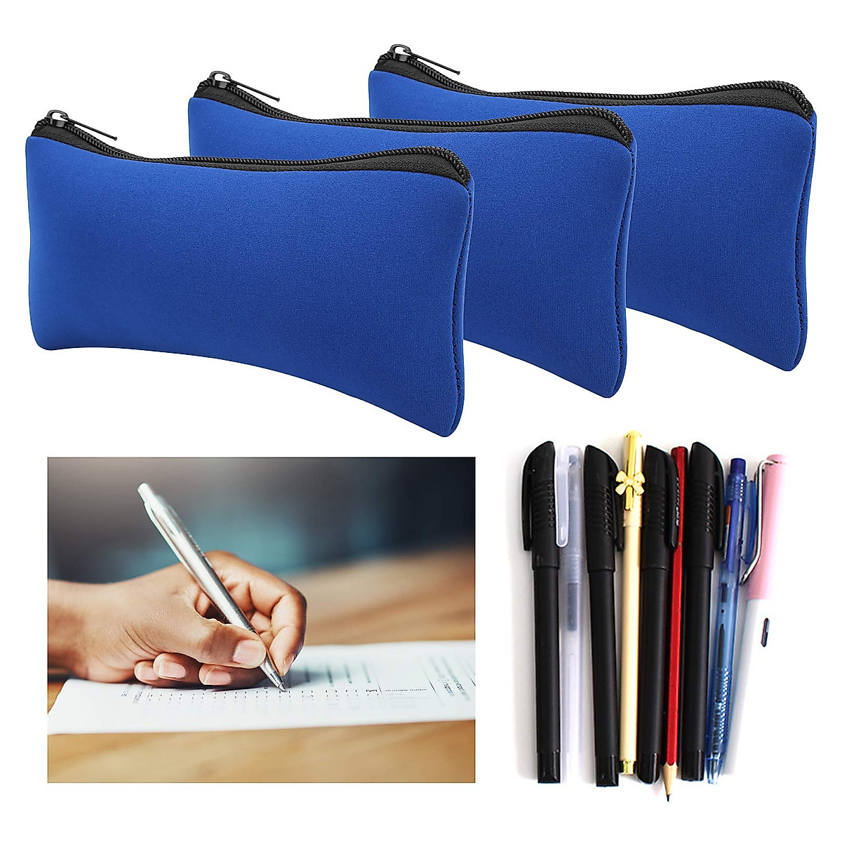 Alomejor 3pcs Pen Bag Pencil Case Soft Neoprene Waterproof Storage Bag for Camping Climbing Traveling Wearable Pen Bag (Blue)