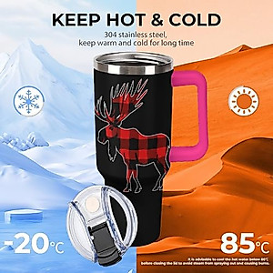 Plaid Moose Lumberjack Red Black 40 Oz Tumbler Insulated Stainless Steel Water Bottle Travel Mug Car Cup with Handle And Straw