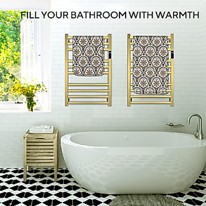 TWCC Towel Warmer Rack for Bathroom with Timer/Fahrenheit Temperature Control Wall Mounted Electric Heated 10 Bar Rail Plug-in or Hardwired Keep Bath Shower Towel Warming (Brushed Gold)