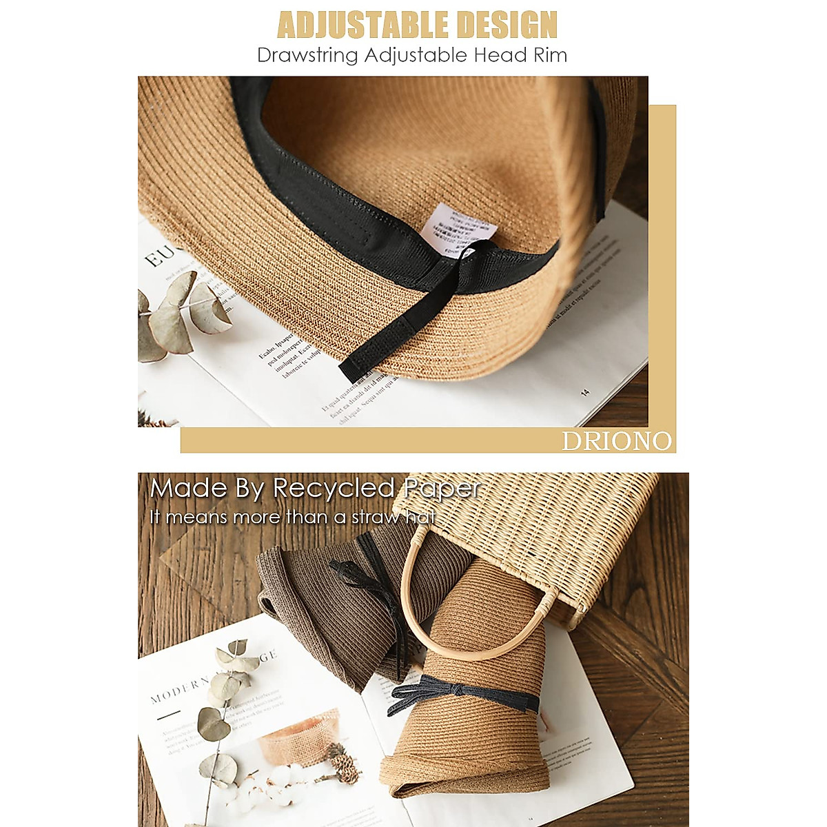 DRIONO Straw Hat - Women Style Fashion Summer Cloche Beach Fedora Trilby Hat Panama Sun Hat (Beige)