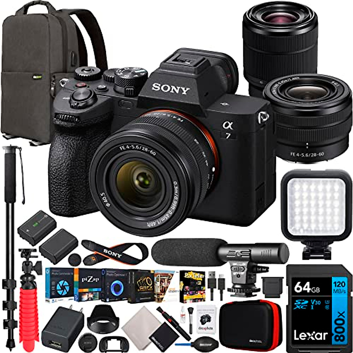 Sony a7 IV Full Frame Mirrorless Camera Body with 2 Lens Kit FE 28-60mm F4-5.6 + 28-70mm F3.5-5.6 ILCE-7M4K/B + SEL2860 Bundle w/Deco Gear Backpack + Monopod + Extra Battery, LED and Accessories