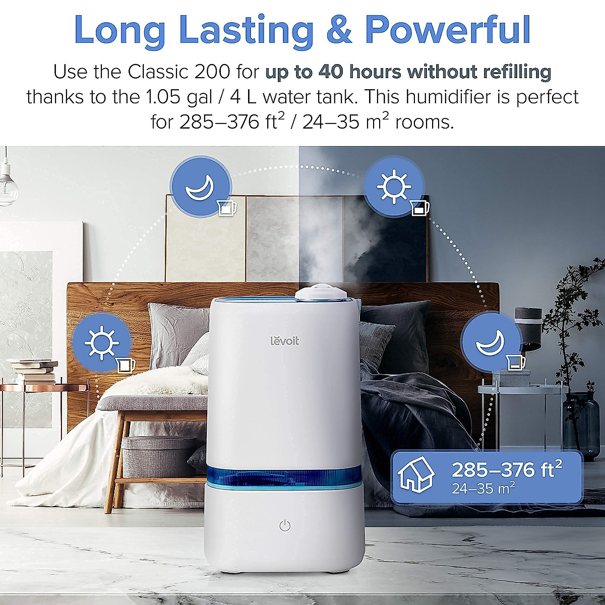 LEVOIT 4L Humidifiers for Bedroom Large Room & Essential Oil Diffuser, Ultrasonic Quiet Cool Mist for Baby, Plants, Last up to 40Hours, Dual 360° Rotation Nozzles, Handle Design, Auto Shut Off, Blue