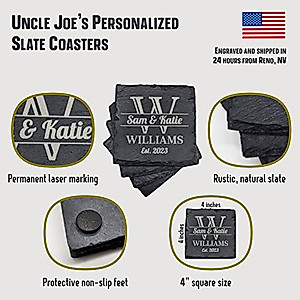 Custom Engraved Slate Coasters, 4" Square (Set of 4 or Set of 6) - Great for Personalized Gifts, Weddings, Couples, Anniversaries, Special Occasions