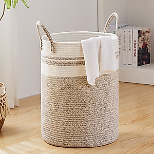 Fiona's magic Large Laundry Hamper, Tall Woven Storage Basket for Blankets, Cotton Baby Nursery Hamper, Toys and Dirty Clothes in Bedroom and Living Room Organizing - 58L Brown & White