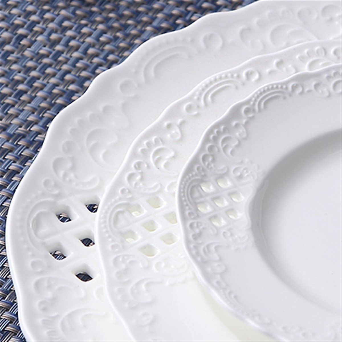 EERINESS Dinner Plates Set Hollow Out Dessert Plate White Disc Home Kitchen Restaurant Coffee Shop Flat Plate Ceramic Fruit Plate Round Fruit Tray Kitchen Salad Bowl (Color : A)