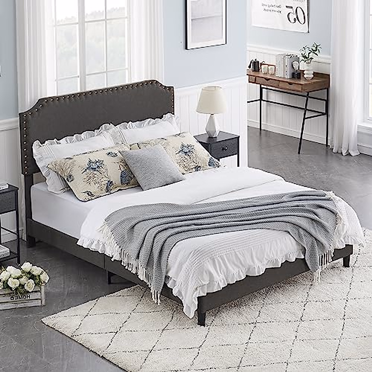 GAOMON Queen Bed Frame with Headboard Adjustable Upholstered Bed Frame Queen Size with Nailhead Trim Headboard, Mattress Foundation, Strong Wood Slat Support, No Box Spring Needed, Dark Grey
