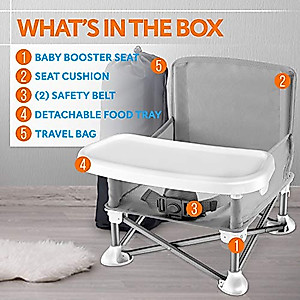 Serene Life Baby Seat Booster -Space Saver Toddler Booster Seat - Portable Pop and open Sit Folding Booster Feeding Chair - Safety Belt/Food Tray/Travel Bag - SereneLife SLBS66, Grey, 6 Piece Set