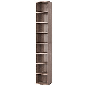 PUPL 8-Tier Media Tower Rack, CD DVD Storage Organizer Cabinet with Adjustable Shelves, 11.6 x 9.3 x 70.9 Inches Slim Wood Look Bookshelf Display Bookcase for Home Office, Oak