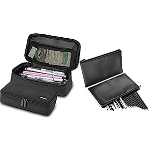 ProCase Black Portable Pencil Bag Pen Case Bundle with [2 Pack] Black Soft PU Leather Pencil Bag Pen Case