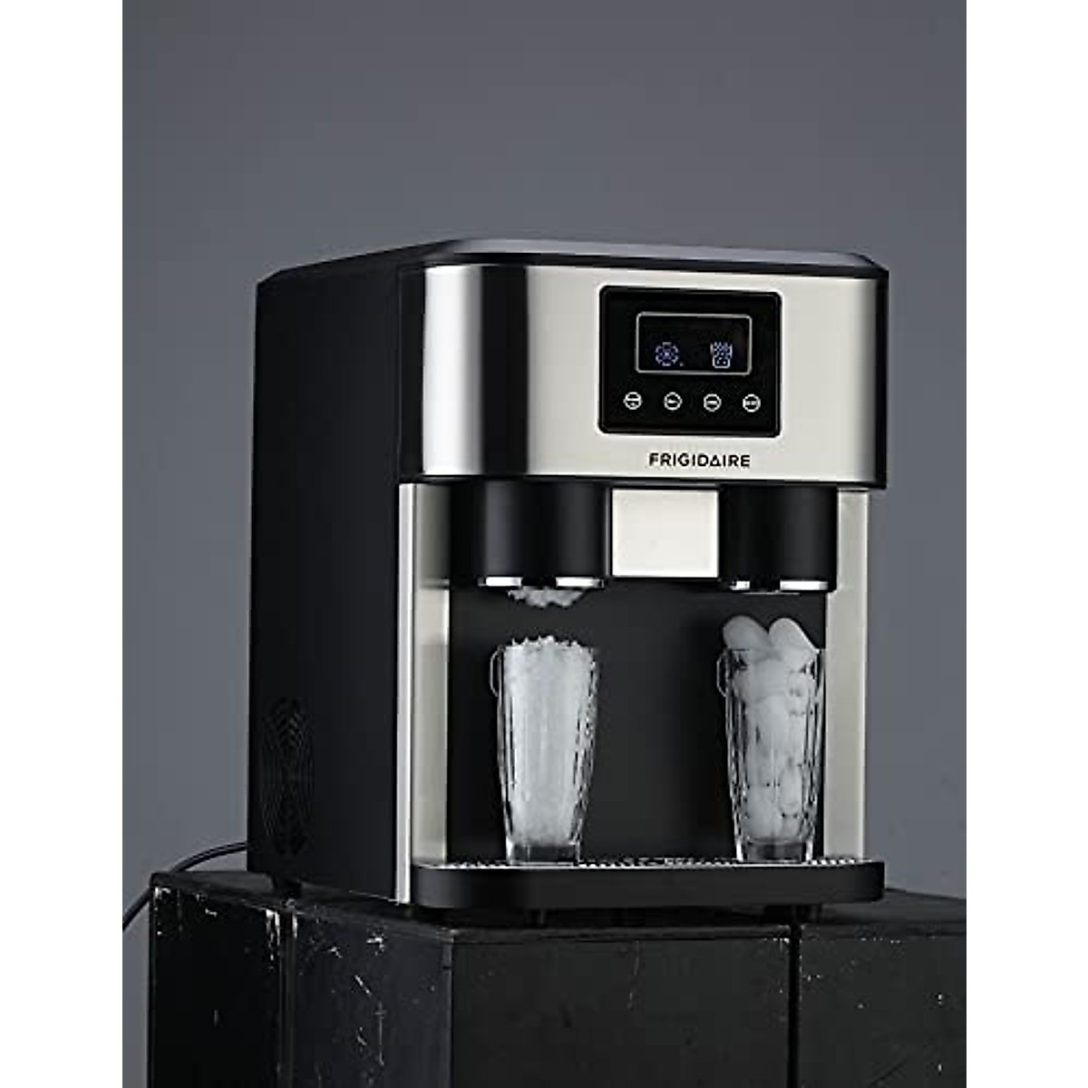 Frigidaire EFIC245-SS EFIC245 3-in-1 Countertop Crunchy Chewable Nugget Style Dual Ice Crusher and Cube Maker, Makes 33 Pounds in 24 Hours, 2 Sizes, with Water Dispenser and Line-in, Stainless Steel