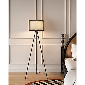 KDG Modern Floor Lamp for Living Room, Tall Tripod Floor Lamp Corner Lighting, Fabric Lampshade LED Bulb Bright Pole Light, High Light for Bedroom, Reading, Office, Study Room, Warm Light(Black)