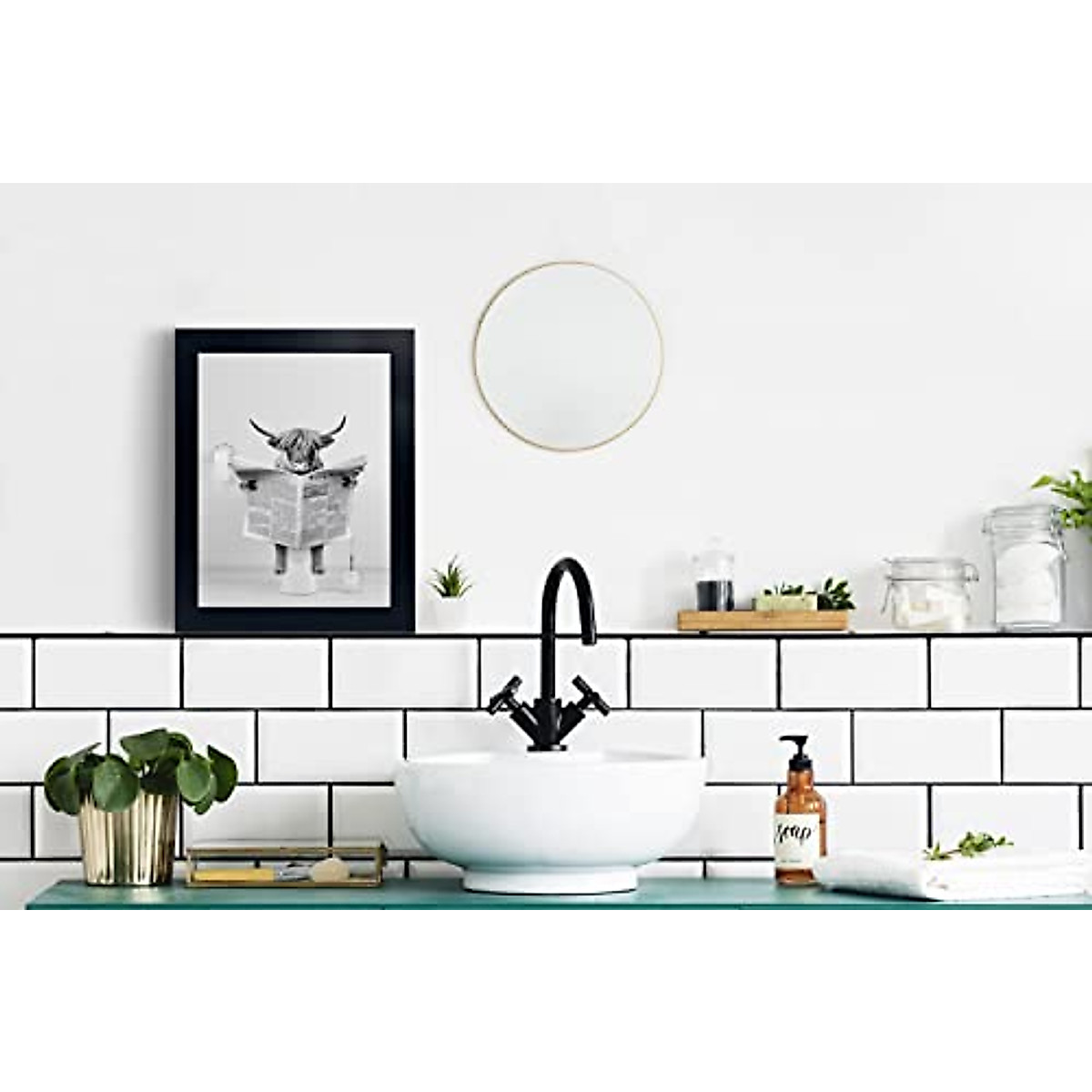 Black Framed Bathroom Decor - Funny Highland Cow Wall Art in Bathtub, Black and White Canvas Cow In Bathroom Picture, Humor Animals Bathroom Artwork Prints, Rustic Farmhouse Style Wall Decor Ready To Hang for Living Room, Bathroom, Bedroom, Kids Bathroom