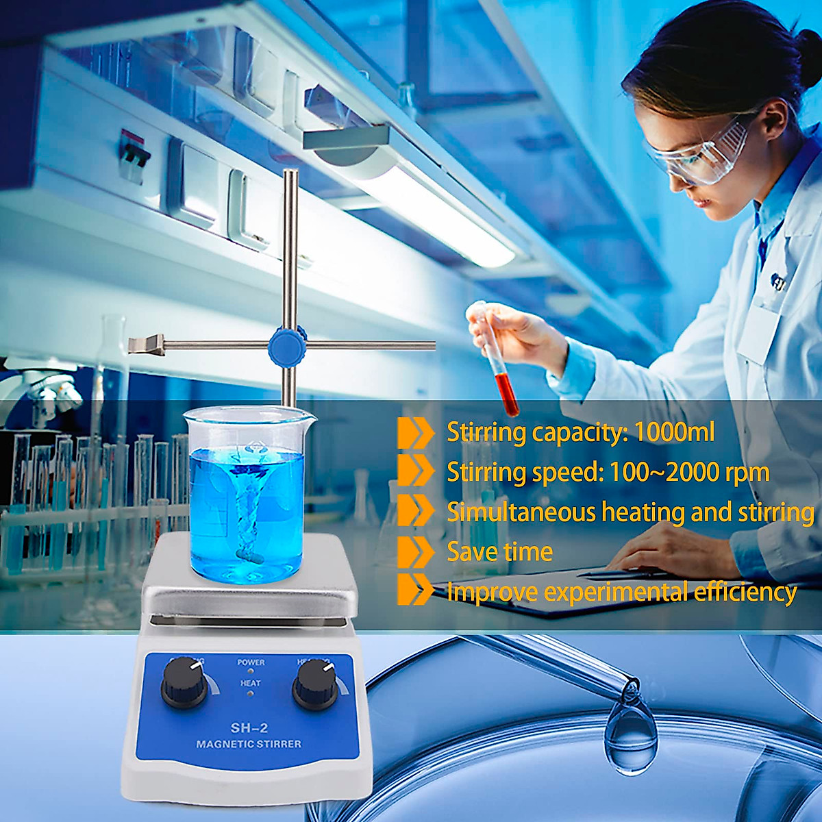 Magnetic Stirrer Hot Plate Mixer 1000ml Stirring Capacity Magnetic Hotplate Stirrer SH-2 Magnetic Stirrer Lab Hotplate Magnetic Stirrer Heater Max 520°F 100-2000 RPM
