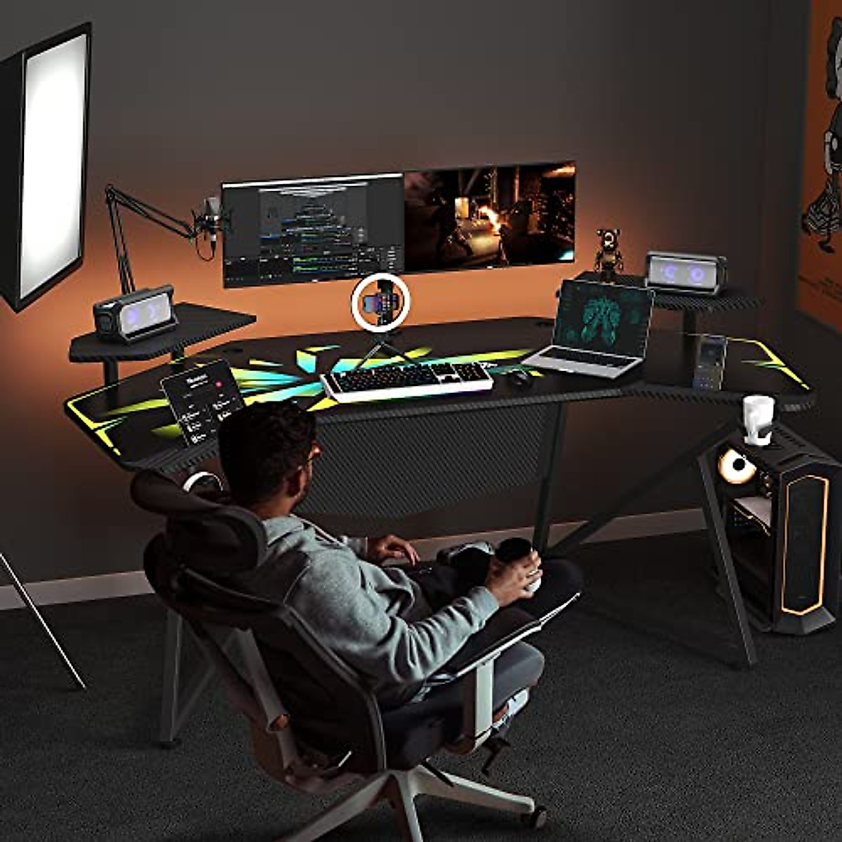 JWX Gaming Desk with Removable Speaker Stand, 72'' Large Studio Wing-Shaped Gaming Desk with Headphone Stand, Cup Holder for Live Streamer, Social Media Influencers & Music Recording