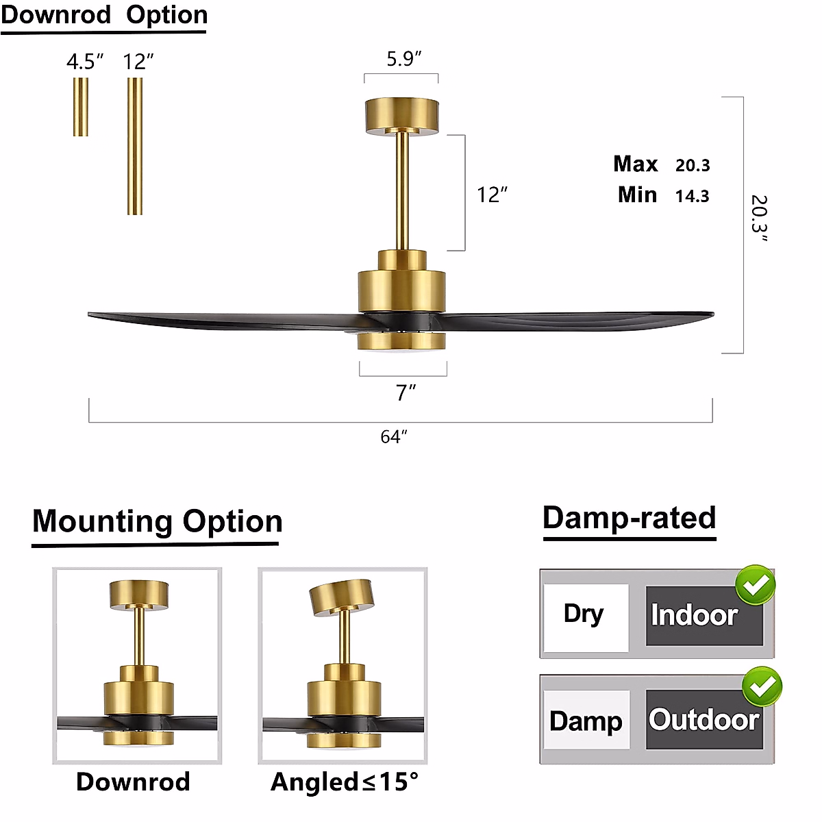 ELEHINSER 64" Wood Ceiling Fan with Lights and Remote Control, 3 Blades 6-Speed Reversible DC Motor Ceiling fan for Kitchen Bedroom Dining Living Room, Black Wood Blades with Gold