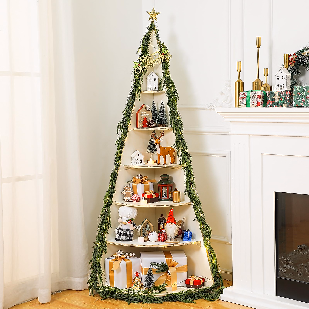 Vercraft Christmas Tree Bookshelf 63" Tall Christmas Tree Corner Shelf 6 Tier Wood Corner Display White Book Tree Bookshelf Ladder Shelves Display Stand for Bedroom Living Room Classroom Office