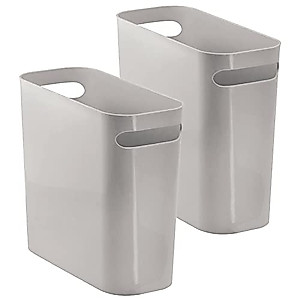 mDesign Plastic Small Trash Can, 1.5 Gallon/5.7-Liter Wastebasket, Narrow Garbage Bin with Handles for Bathroom, Laundry, Home Office - Holds Waste, Recycling, 10" High, Aura Collection, 2 Pack, Gray