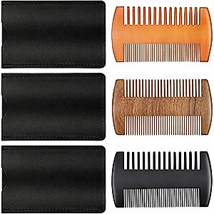 3 Pieces Beard Comb Natural Sandalwood Wooden Mustaches Combs Dual Action Teeth Beard Comb with 3 Pieces Pocket Faux Leather Case for Beards Mustaches (Black, Yellow, Brown)
