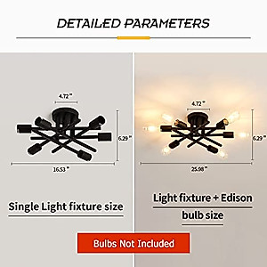 ASGYISA Semi Flush Mount Modern Ceiling Light Fixture， 6 Lights Black Vintage Matte Sputnik Chandelier Ceiling Lamp with E26 Bulb Base for Farmhouse Dining Room Living Room Bedroom Study Kitchen