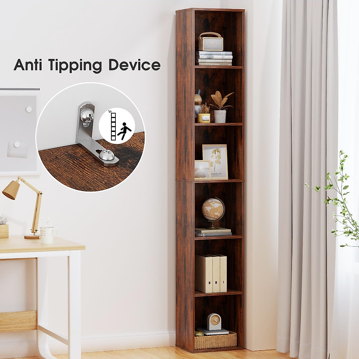 QieerHior Tall Narrow Bookcase 6-Tier Bookshelf Cube Display Shelf Storage Organizer for Small Space for Living Room, Office, Study, Bedroom Brown