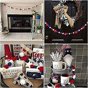 CINPIUK 4th of July Garland Felt Ball Star Banner Patriotic Red White and Blue Pom Pom Bunting for Independence Day Tiered Tray Decor Memorial Day Labor Day Veterans Day Decoration