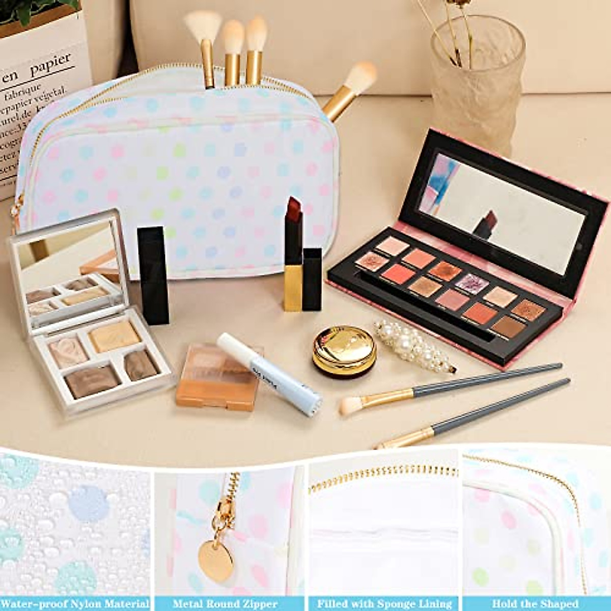 MONOBLANKS Nylon Small Makeup Pouch Bag Cute Travel Cosmetic Bag for Women (Polka Dot)