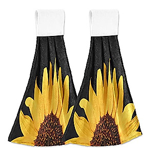 Black Summer Sunflower Kitchen Hanging Hand Towels,Vintage Absorbent Tie Towel with Loop 2 PCS Kitchen Linen Sets for Bathroom Restroom Home Decor