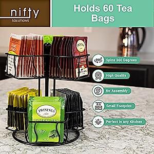 Nifty Tea Bag Spinning Carousel – 6 Compartments, Up to 60 Tea Bags Storage, Spins 360-Degrees, Lazy Susan Platform, Modern Black Design, Home or Office Kitchen Counter Organizer