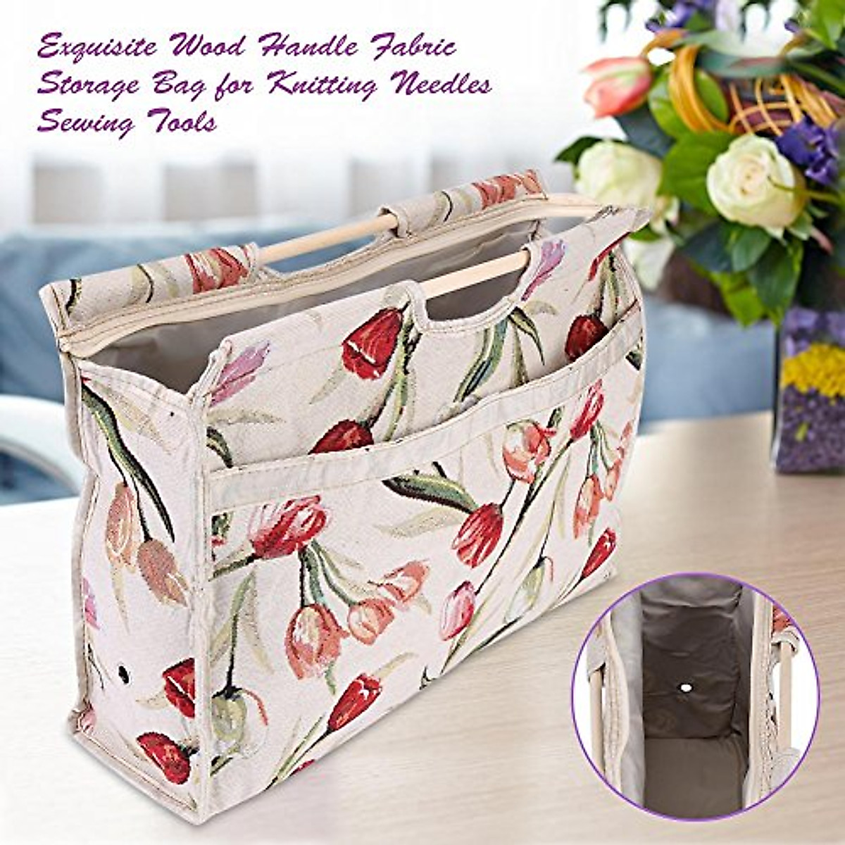 Wood Handles Knitting Bag Travel Yarn Organizer Crochet Bag for Knitting Needles Sewing Tools 16.5x11.8x4.3in(Red Flower)
