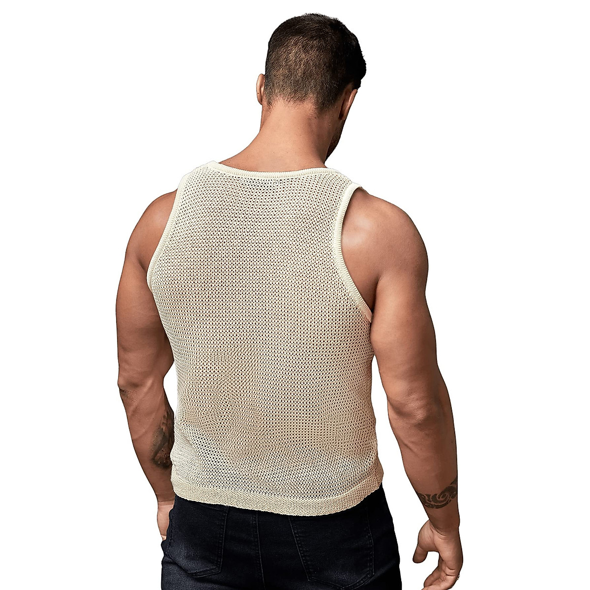 Verdusa Men's Casual Sleeveless Round Neck Sheer Knitted Tank Muscle Top Beige XL