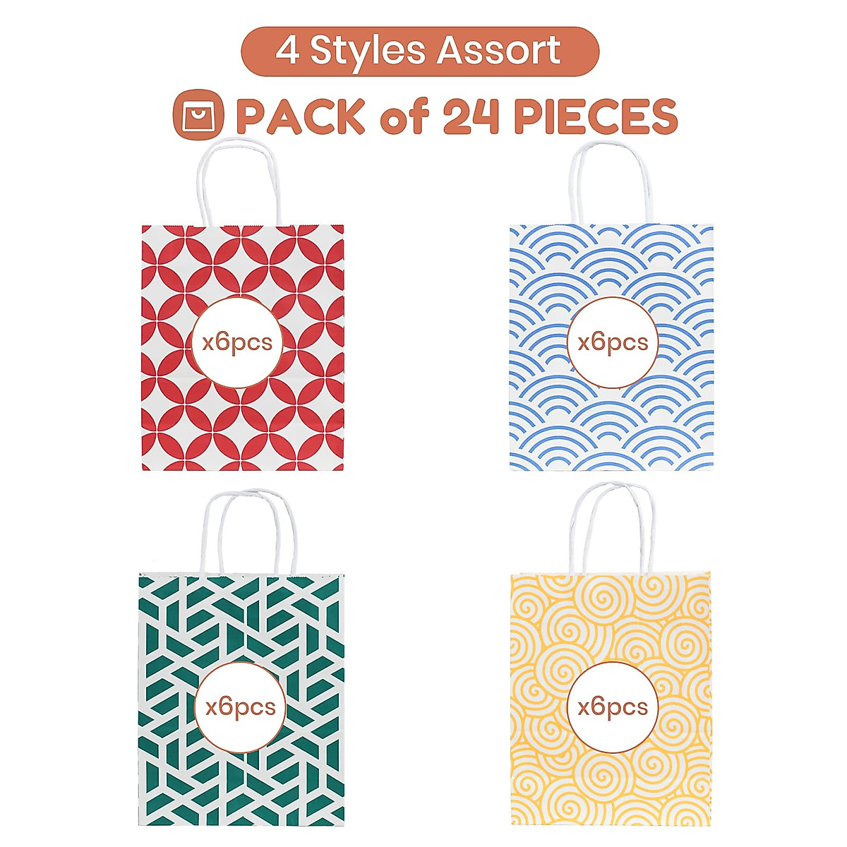 Parmedu Assorted Color Paper Bag Set: 24pcs Gift Bags with Handles in Optimal Size 8.5 * 3.9 * 10.2 Inches, Thickened Take-out Bags for Christmas, Festivals, Birthdays, Parties, Weddings etc.