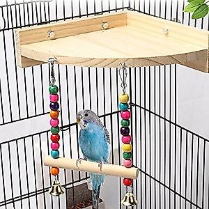 Lelepet Bird Wood Perch Platform Stand, Pet Bird Climbing Swing Toy, Parakeet Perches for Cage, Bird Corner Shelf, Wooden Flat Perch for Cockatiel Budgie Conure Parrot, Funny Bird Cage Perch with Bell