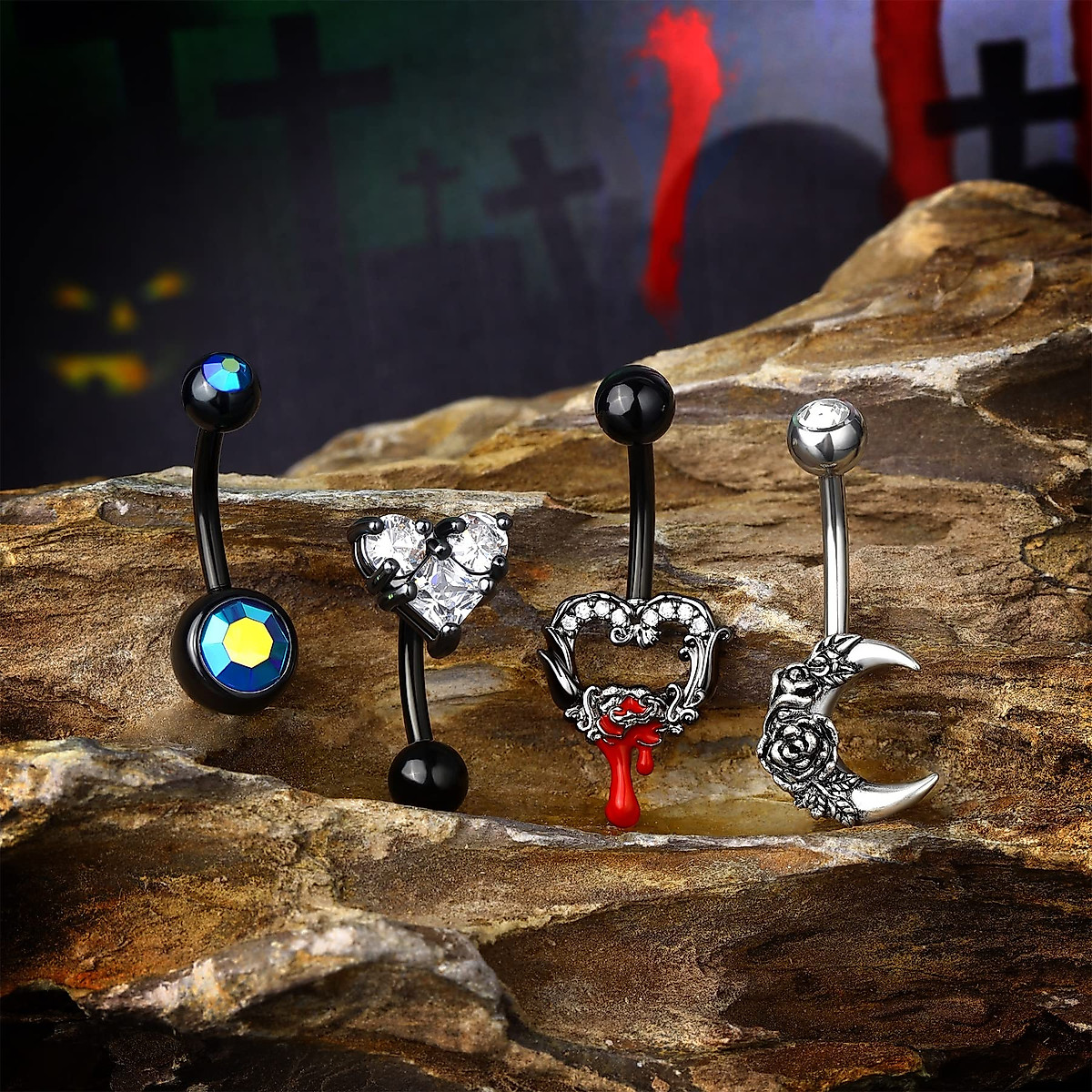 COCHARM 4PCS Moon Halloween Belly Button Rings Packs 14g Black Belly Button Ring Red Heart Belly Navel Rings for Women Men