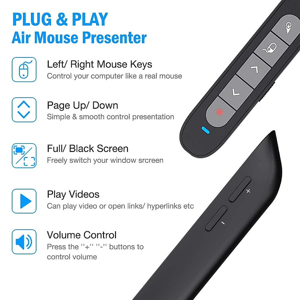 DinoFire Wireless Presenter Remote with Air Mouse, RF 2.4GZ USB Rechargeable Presentation Clicker and Pointer Powerpoint PPT Slide Clicker for Laptop/Computer/MAC
