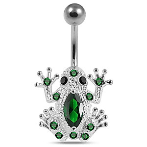 Dark Green Multi Crystal Gemstone Frog Design 925 Sterling Silver Belly Ring Body jewelry