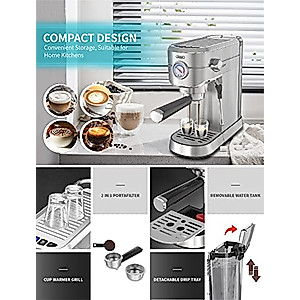 Gevi 20 Bar Compact Professional Espresso Coffee Machine with Milk Frother/Steam Wand for Espresso, Latte and Cappuccino, Stainless Steel, 35 Oz Removable Water Tank (Machine)