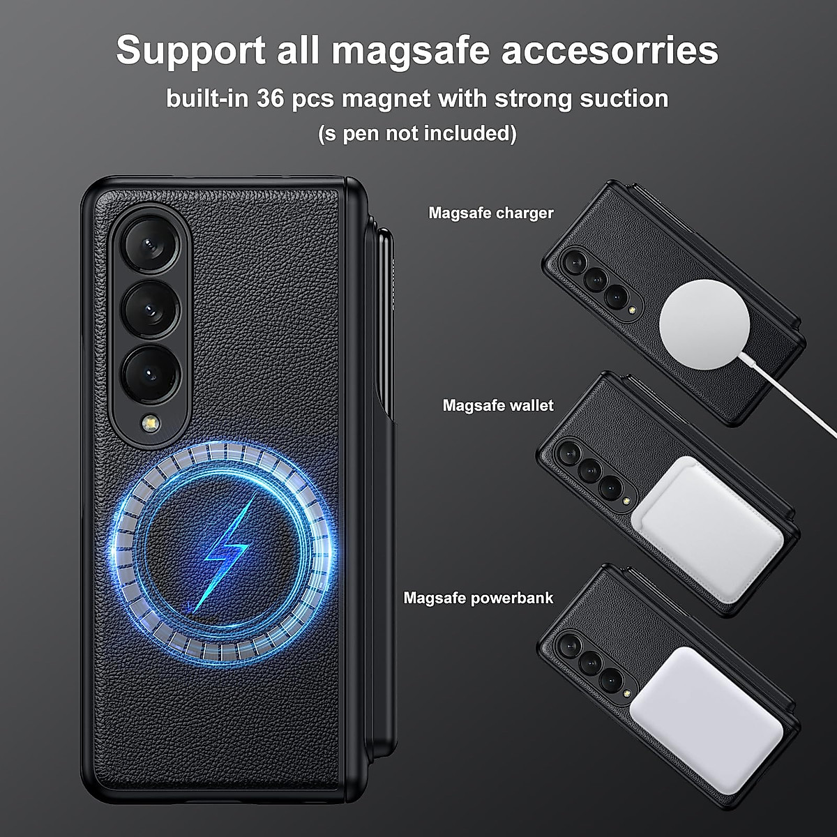 Libeagle Compatible with Samsung Galaxy Z Fold 3 Case, Support All Magsafe Accessories, Leather Back, Removable S Pen Holder on Hinge Protection, Screen Protector, Magnetic Cover 5G 2021 - Black