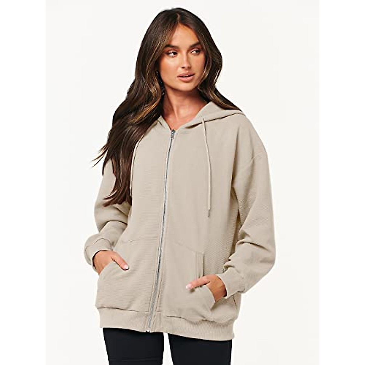 ANRABESS Women's Hoodies 2023 Fall Jacket Rib Kint Sweater Long Sleeve Sweatshirts Casual Dressy Tops Zip Up Trendy Y2K Clothes for Teen Girl 931mihuang-L Beige