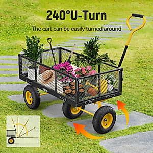 Vibemo Steel Garden Cart, 2-in-1 900 lbs Heavy Duty Utility Wagon, with Removable Mesh Sides to Convert into Flatbed, 240° U-Turn 10" Pneumatic Tires Garden Wagon for Farm Yard Lawn Garden Camping