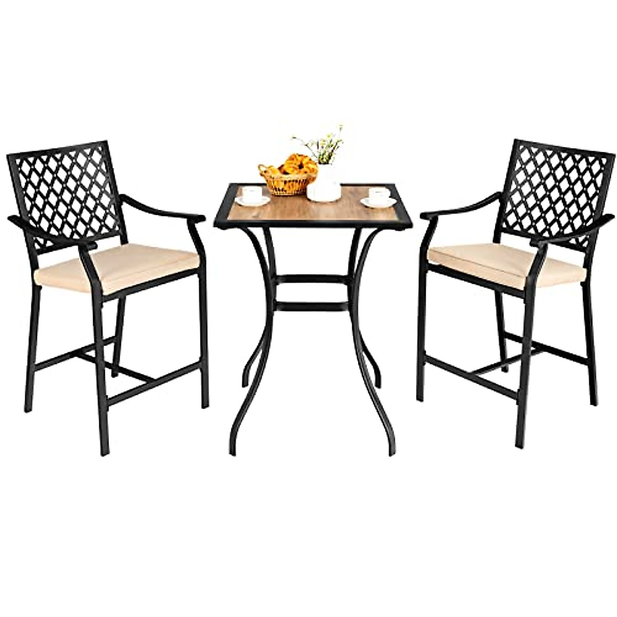 Giantex 3 Piece Patio Bar Table Set Outdoor Square Bistro Bar Table High Chairs with Cushion Metal Stool All Weather Patio Dining Set Garden Backyard Porch Lawn Poolside (3 Piece Patio Bar Set)