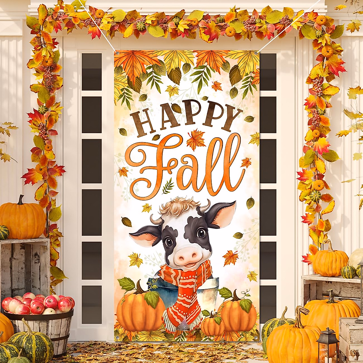 Happy Fall Door Cover Fall Party Decorations Baby Cow with Scarf Fall Festival Decorations Pumpkin Door Banner for Autumn Harvest Thanksgiving Party Supplies