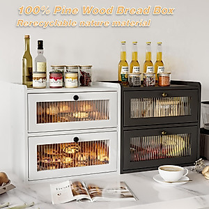 Alpeir Double Layer Large Bread Box for Kitchen Counter, Wooden Corner Bread Storage Container with Acrylic Window, White