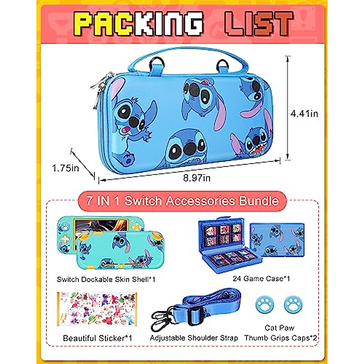 Xinocy for Nintendo Switch Lite 7 in 1 Storage Accessories Kit with Travel Carrying Case+Switch Lite Protective Cover+Game Case Holder+Strap+Sticker+2 Thumb Caps Cute Shell for Boys Kids Girls -Stit